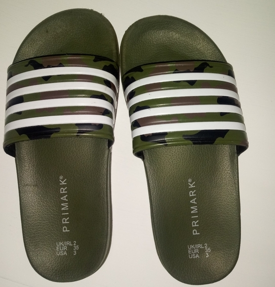 Primark | Shoes | Primark Boys Olive Green And White Striped Slides ...